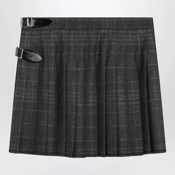 Balenciaga Grey Wool Tartan Mini Skirt With Buckle Detail