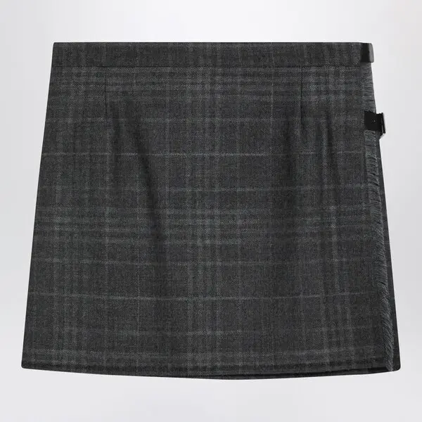 Balenciaga Grey Wool Tartan Mini Skirt With Buckle Detail