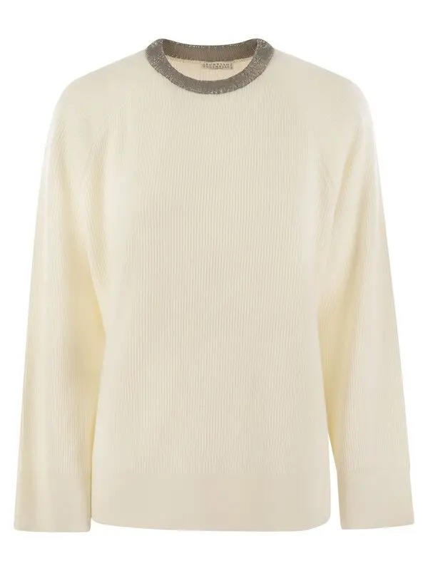 Brunello Cucinelli Ribbed Cashmere Sweater With Embellished Neckline