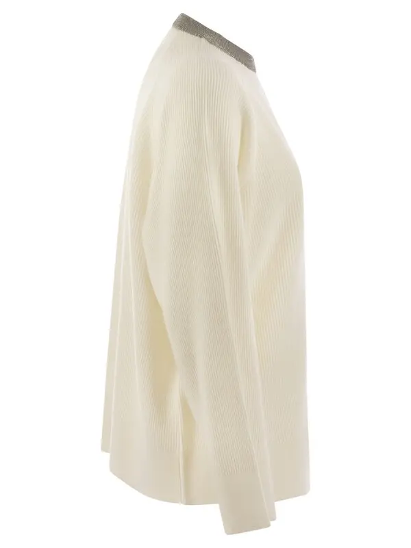 Brunello Cucinelli Ribbed Cashmere Sweater With Embellished Neckline