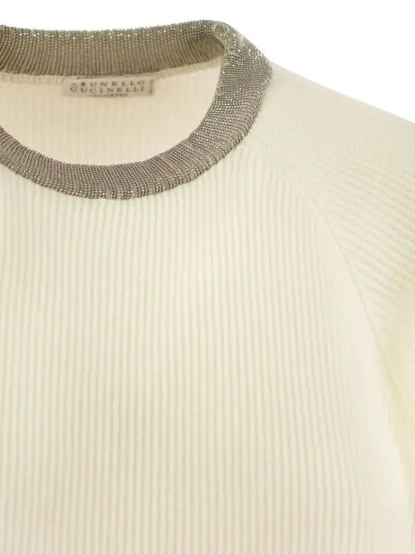 Brunello Cucinelli Ribbed Cashmere Sweater With Embellished Neckline