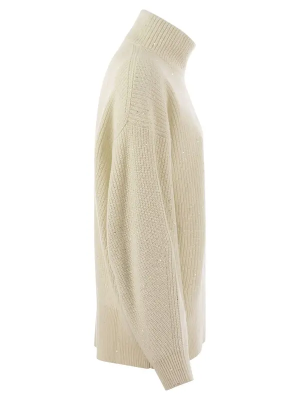 Brunello Cucinelli Wool And Cashmere Ribbed Sweater With Sequins - Cream