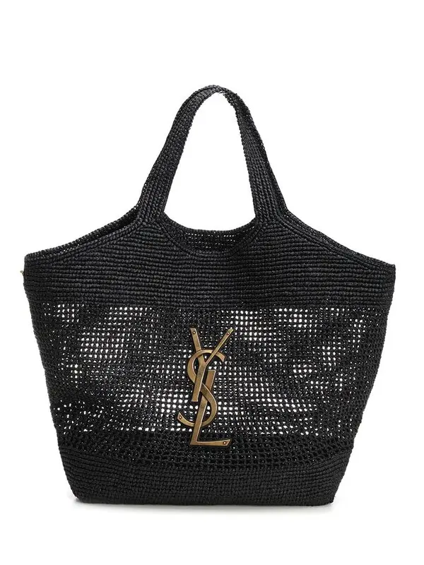 Saint Laurent Icare Raffia Bag With Oversized Casandre Motif - Black