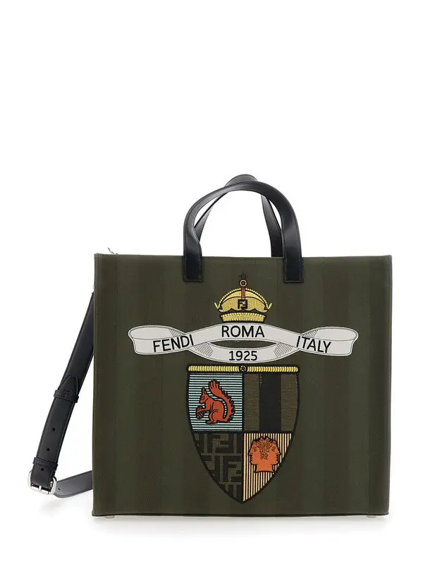 Fendi Shopper With Vertical Stripes Motif And Club Patch On The Front In Canvas - Green