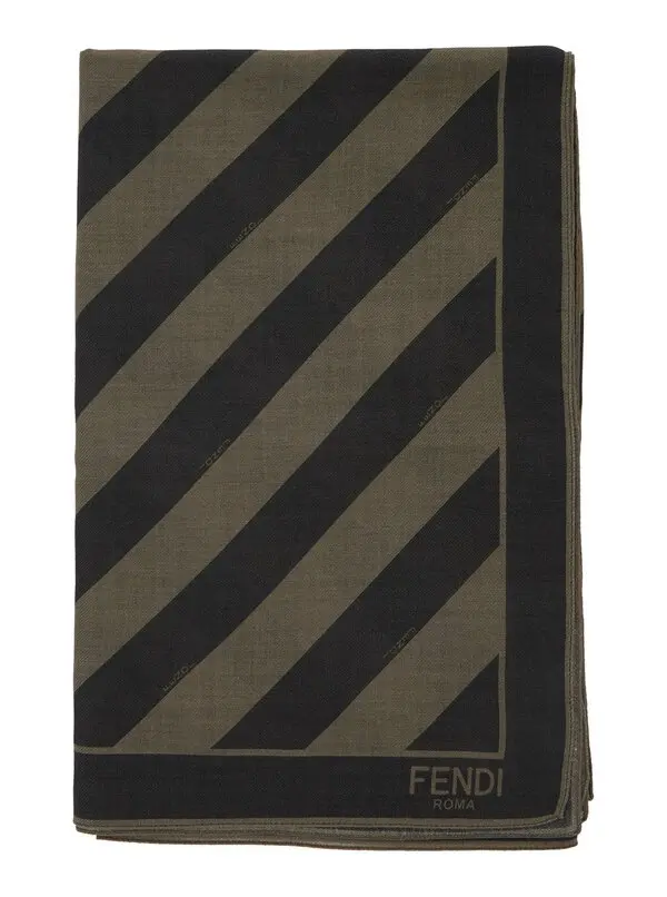Fendi Beige Square Stole With All-over Striped Motif And Logo Lettering On The Hem In Cotton And Silk Blend - Multicolor