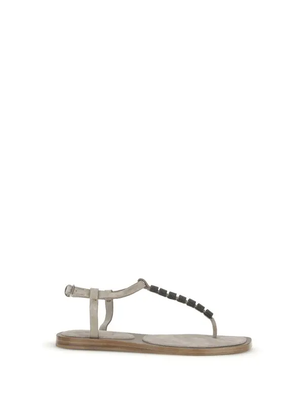 Brunello Cucinelli Embellished Calfskin T-strap Sandals - Cream