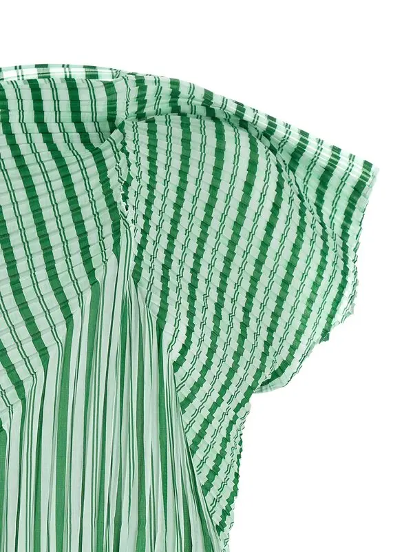 Issey Miyake Striped High Neck Short Sleeve Top - Green