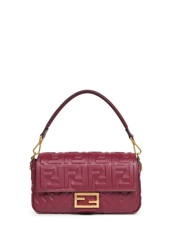 Fendi Burgundy Embossed Ff Motif Calfskin Leather Baguette Shoulder Bag - Multicolor
