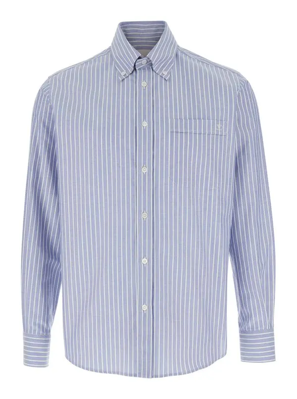 Valentino Garavani Light Blue Shirt With Logo Detail On The Front And All-over Striped Motif In Cotton - Multicolor
