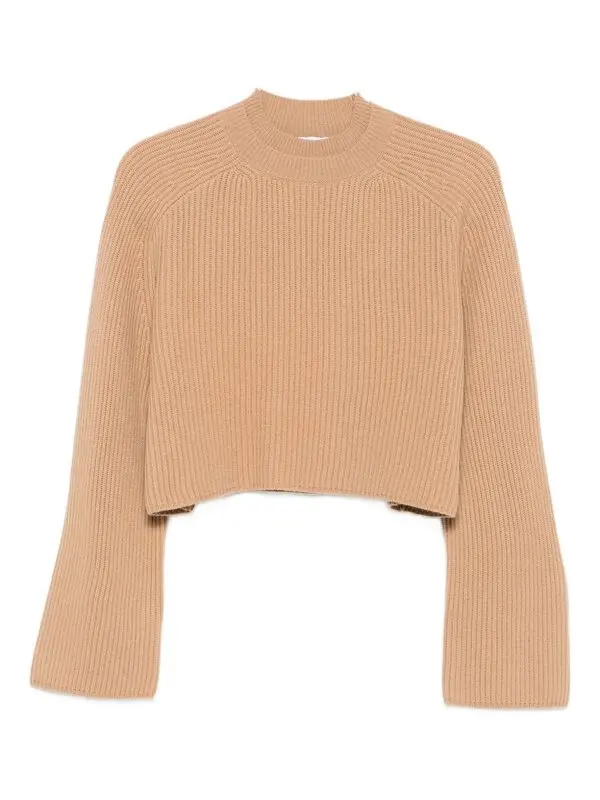Max Mara Beige Ribbed Knit Cashmere Wool Crew Neck Cropped Sweater - Multicolor