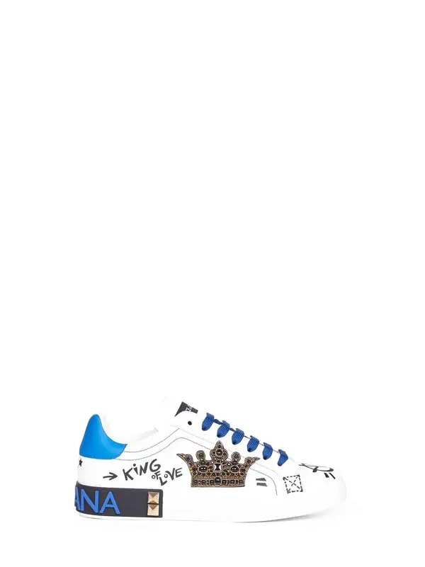 Dolce & Gabbana White Leather Portofino Sneakers With Graffiti And Embellishments - Multicolor