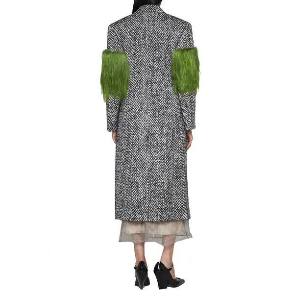 Prada Herringbone Wool Coat With Faux Fur Trim