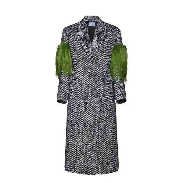Prada Herringbone Wool Coat With Faux Fur Trim - Gray