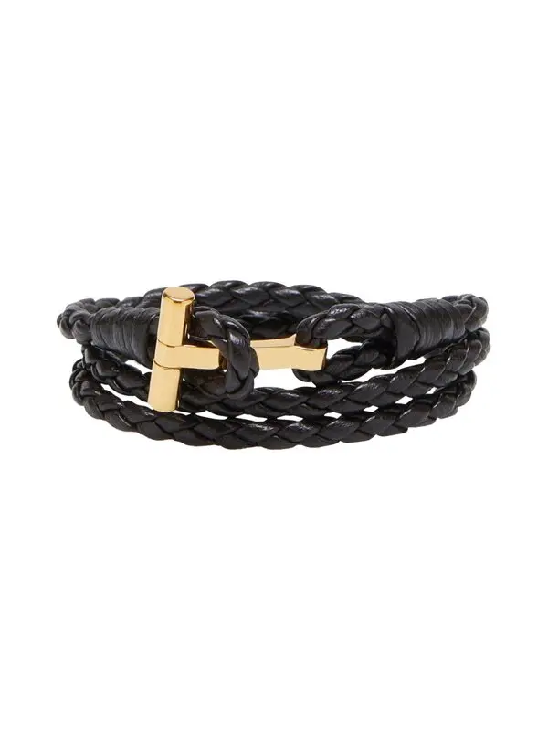 TOM FORD Braided Leather Bracelet With Gold Tone Clasp - Brown