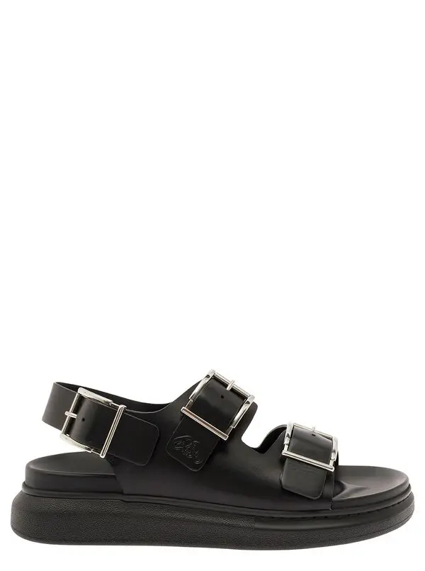 Alexander McQueen Black Leather Slide Sandals With Embossed Logo And Buckles