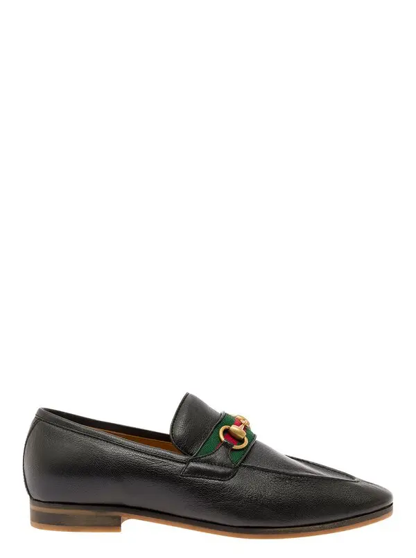 Gucci Black Leather Loafers With Web And Horsebit Detail - Multicolor