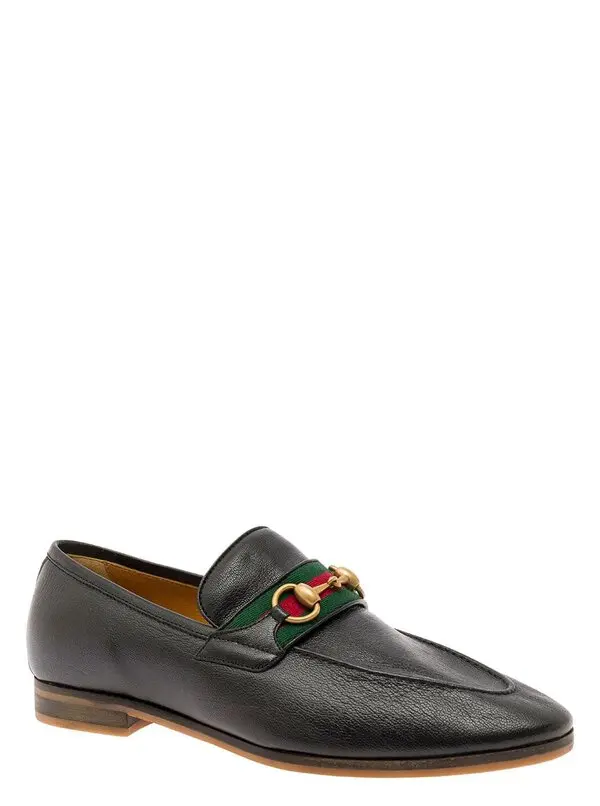 Gucci Black Leather Loafers With Web And Horsebit Detail