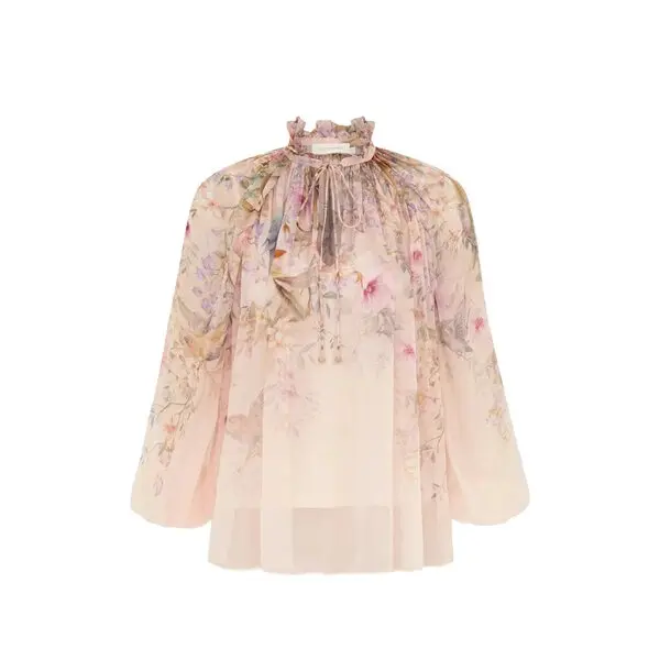 Zimmermann Beige Floral Print Ruffle Detail Tie Neck Long Sleeve Blouse - Cream