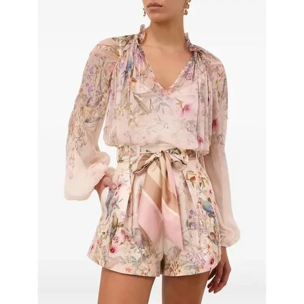 Zimmermann Beige Floral Print Ruffle Detail Tie Neck Long Sleeve Blouse - Cream