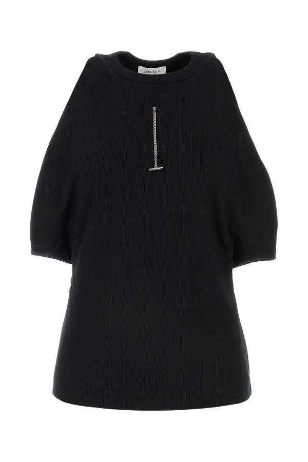 Alexander McQueen Stretch Cotton Top With Metal Chain Detail - Black