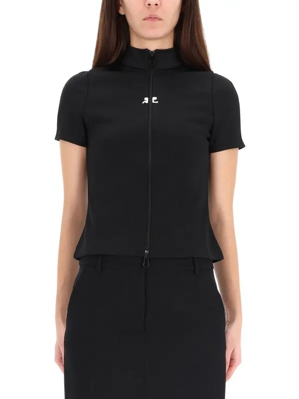 COURREGES Short Sleeve Zip Up Top - Black