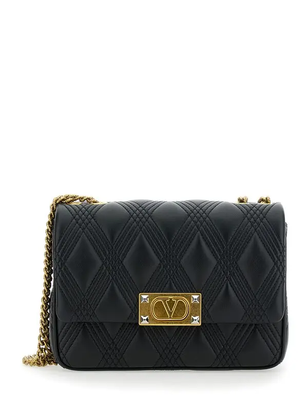 Valentino Garavani Quilted Leather Shoulder Bag With Vlogo Metallic Plate - Black