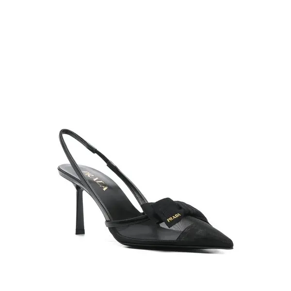 Prada Pointed Toe Bow Detail Stiletto Heel Slingback Pumps - Black