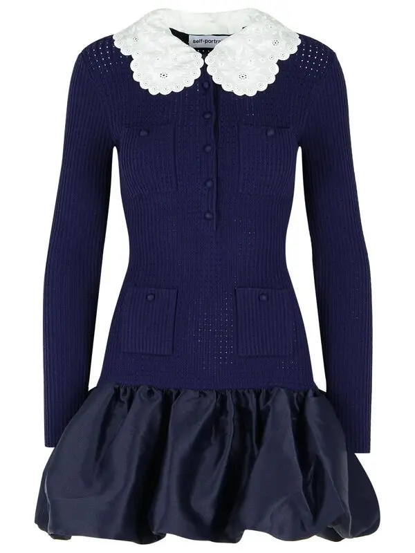 SELF-PORTRAIT Ribbed Knit Dress With Lace Collar And Balloon Skirt - Blue