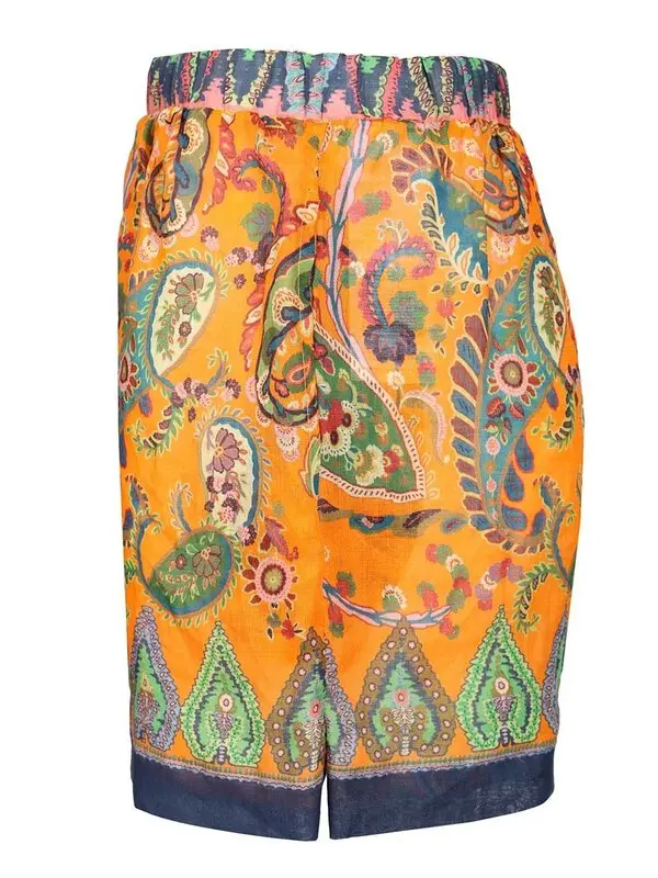 Etro High-waisted Paisley Print Ramie Shorts - Orange