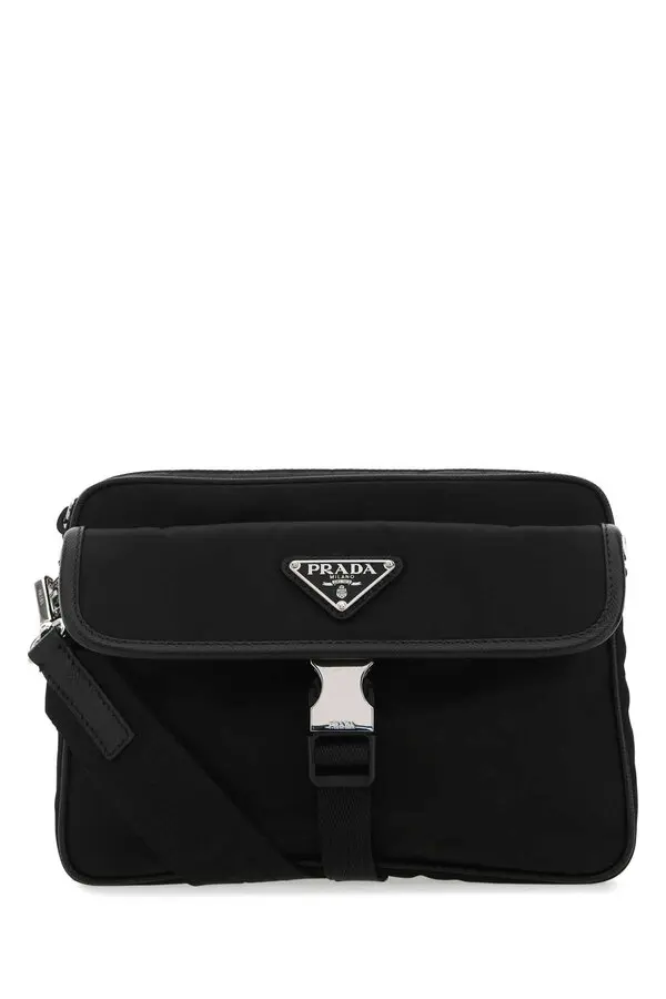 Prada Nylon Crossbody Bag With Buckle Detail - Black