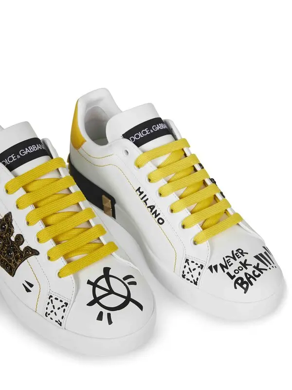 Dolce & Gabbana White Leather Graffiti-style Lettering Sneakers - Multicolor
