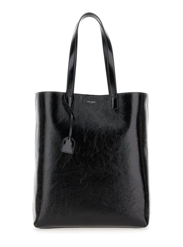 Saint Laurent Embossed Logo Tote Bag In Coated Crinkled Leather - Black
