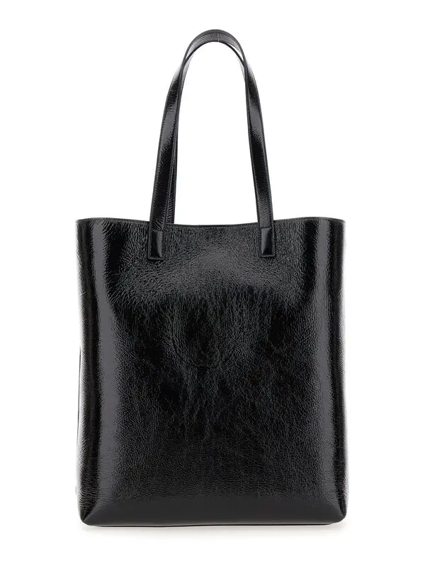 Saint Laurent Embossed Logo Tote Bag In Coated Crinkled Leather - Black