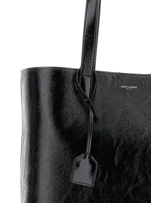 Saint Laurent Embossed Logo Tote Bag In Coated Crinkled Leather - Black