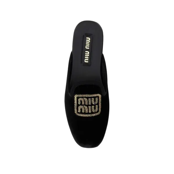 Miu Miu Logo Embroidered Velvet Effect Slip-on Mules