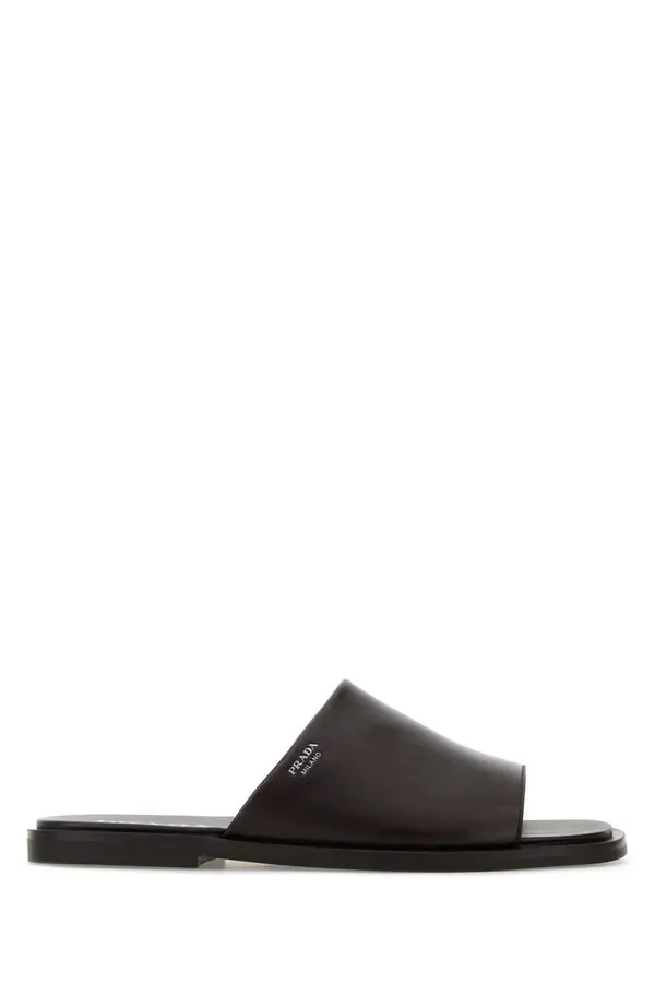 Prada Flat Leather Slides - Brown