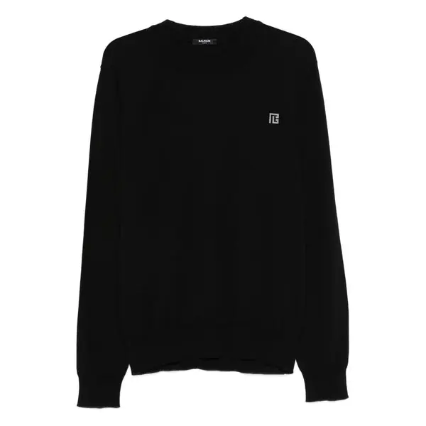 Balmain Logo Detail Silk Blend Crew Neck Long Sleeve T-shirt - Black