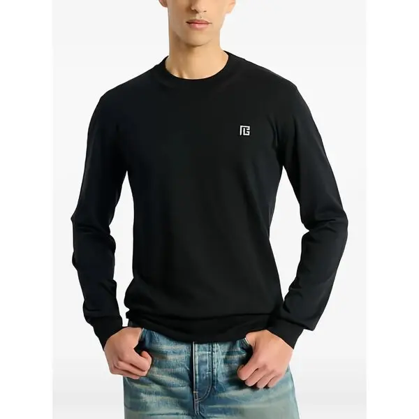 Balmain Logo Detail Silk Blend Crew Neck Long Sleeve T-shirt - Black