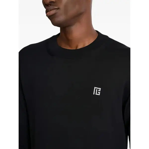 Balmain Logo Detail Silk Blend Crew Neck Long Sleeve T-shirt - Black