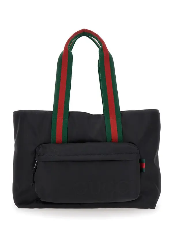 Gucci Black Tech Fabric Tote Bag With Web Handles - Multicolor