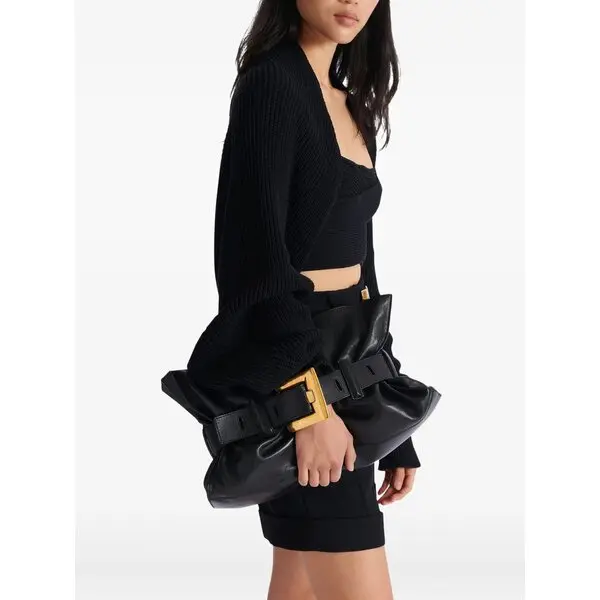 Balmain Calfskin Leather Gathered Shoulder Bag With Gold-tone Hardware - Black