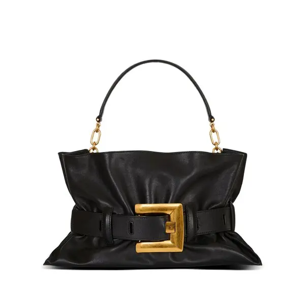 Balmain Calfskin Leather Gathered Shoulder Bag With Gold-tone Hardware - Black