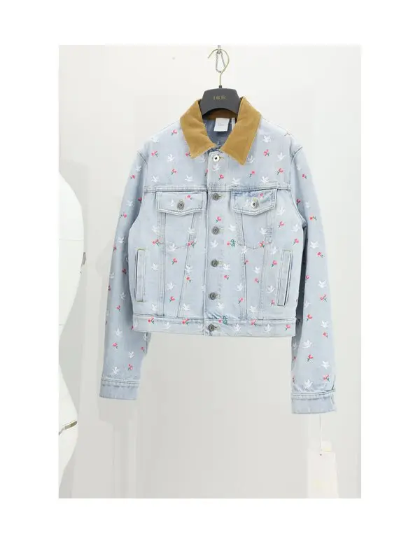 Dior Embroidered Denim Jacket With Corduroy Collar - Blue