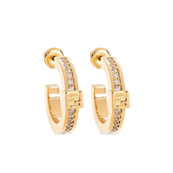 Fendi Golden Crystal Embellished Ff Detail Hoop Earrings - Gold