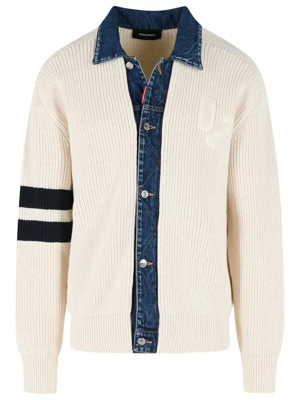 Dsquared2 Cotton Blend Sweater With Denim Collar - Cream