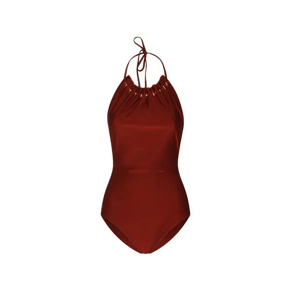 Zimmermann Merlot Shimmer Halterneck One-piece Swimsuit With Gold-tone Bead Embellishments - Red