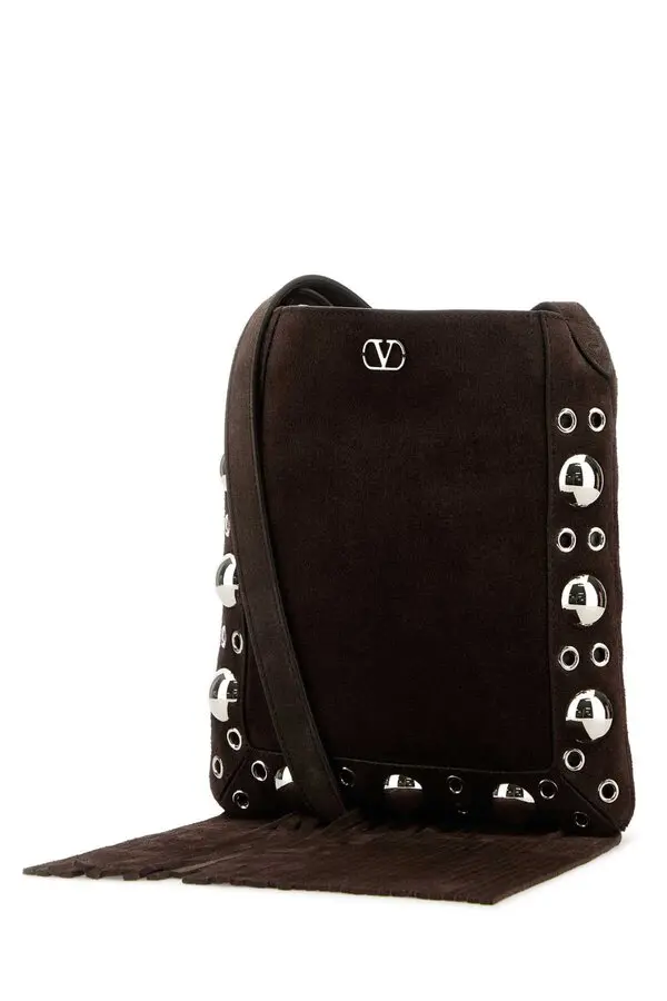Valentino Garavani Suede Small Crossbody Bag With Silver Tone Hardware - Brown