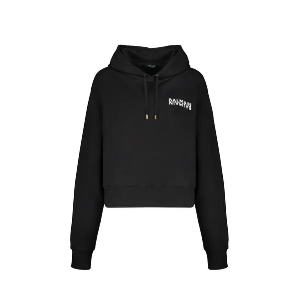 Balmain Logo Print Drawstring Hoodie - Black
