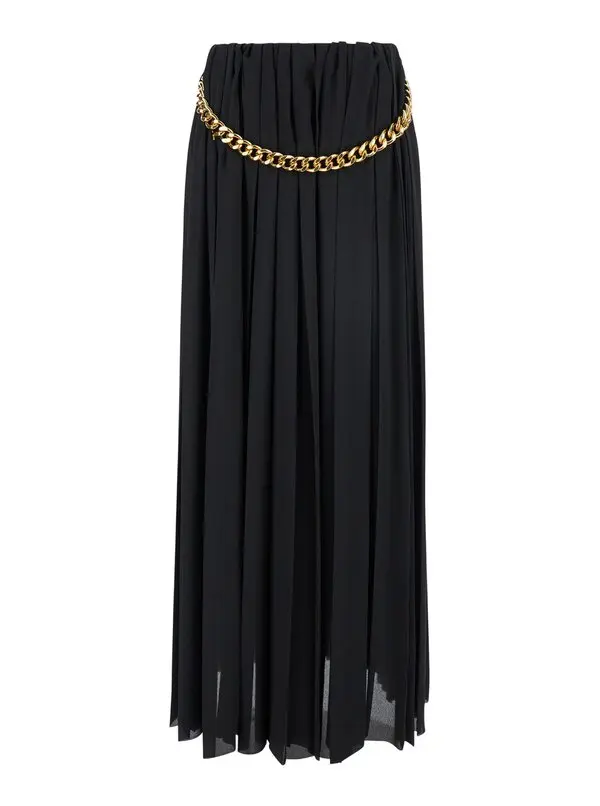 Balenciaga Black Pleated Tech Fabric Long Skirt With Chain Belt - Multicolor