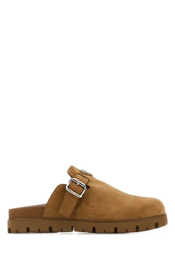 Prada Camel Suede Slip-on Slippers With Buckle Detail - Brown